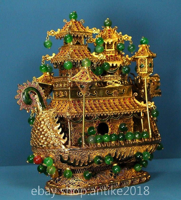 10" Old Chinese Copper 24K Gold Gilt Inlay Gem Dynasty Dragon Boat Ship ...