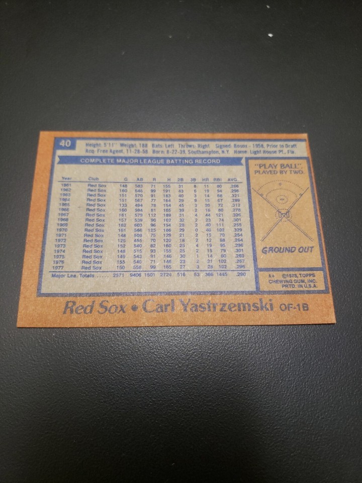 CARL YASTRZEMSKI 1978 Topps Baseball Card #40 All Star Boston Red Sox ...