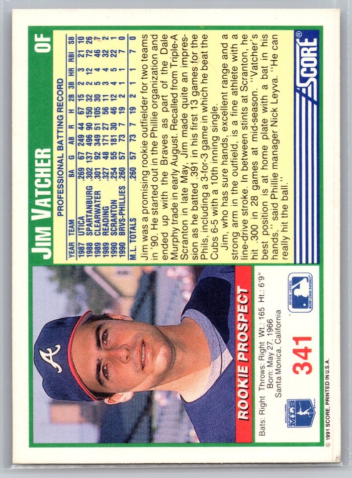 1991 Score Jim Vatcher Rookie #341 Atlanta Braves | eBay