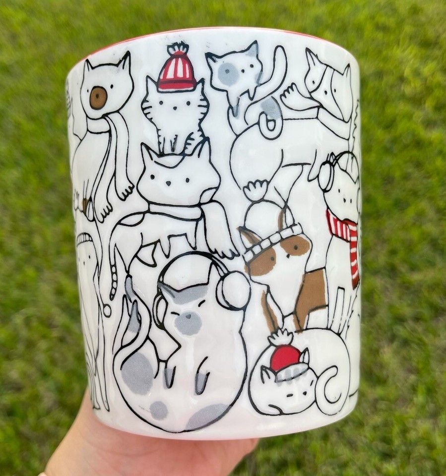 NEW Prima Design Red & White Festive Winter Holiday Cat Cats 18oz ...