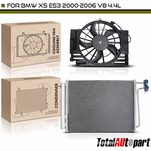 AC Condenser & Single Cooling Fan w/Shroud Assembly Kit for BMW E53 X5 ...