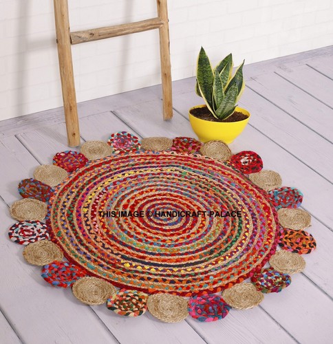 Indian Braid Cotton & Jute Multi Colour Round Floor Rug Mat Pinwheel 3 ...