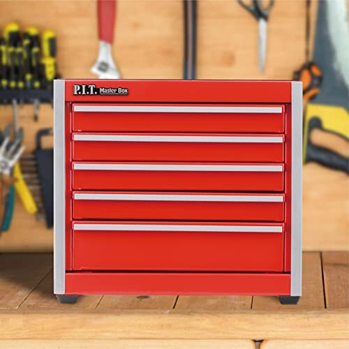 P.I.T. Portable 5-Drawer Micro Roll Cab Steel Tool Box, Red Hand Carry ...