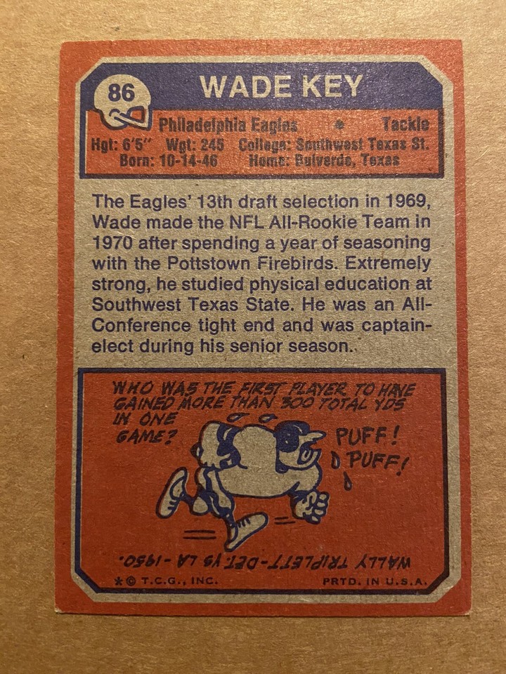WADE KEY Hand Signed 1973 Topps #86 Eagles SW Texas State Autograph ...