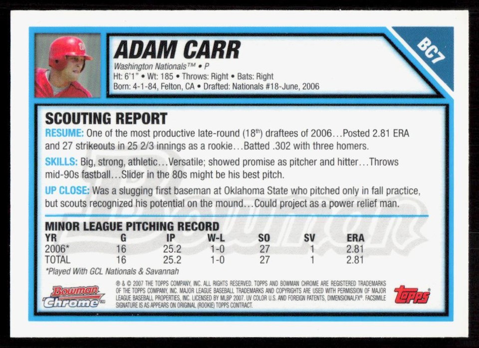 2007 Bowman BC7 Adam Carr Washington Nationals | eBay