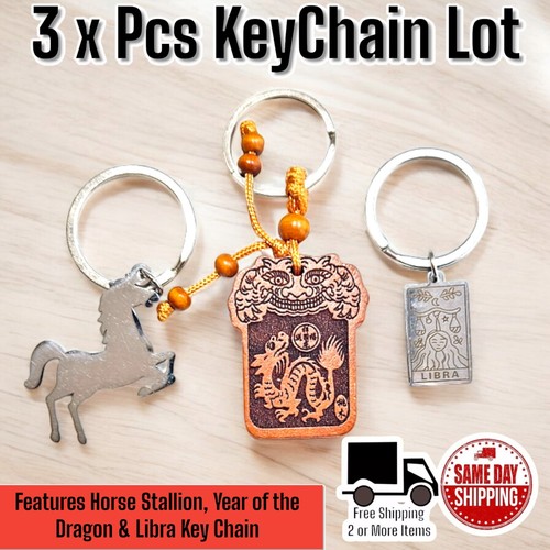3 x Pcs Key Chain Lot. Horse, Libra Zodiac & Chinese Year Of The Dragon ...