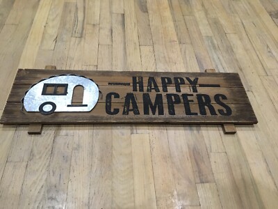 HAPPY CAMPERS WELCOME SIGN WOODEN WITH METAL CAMPER 31.5”x11”x1.5” | eBay