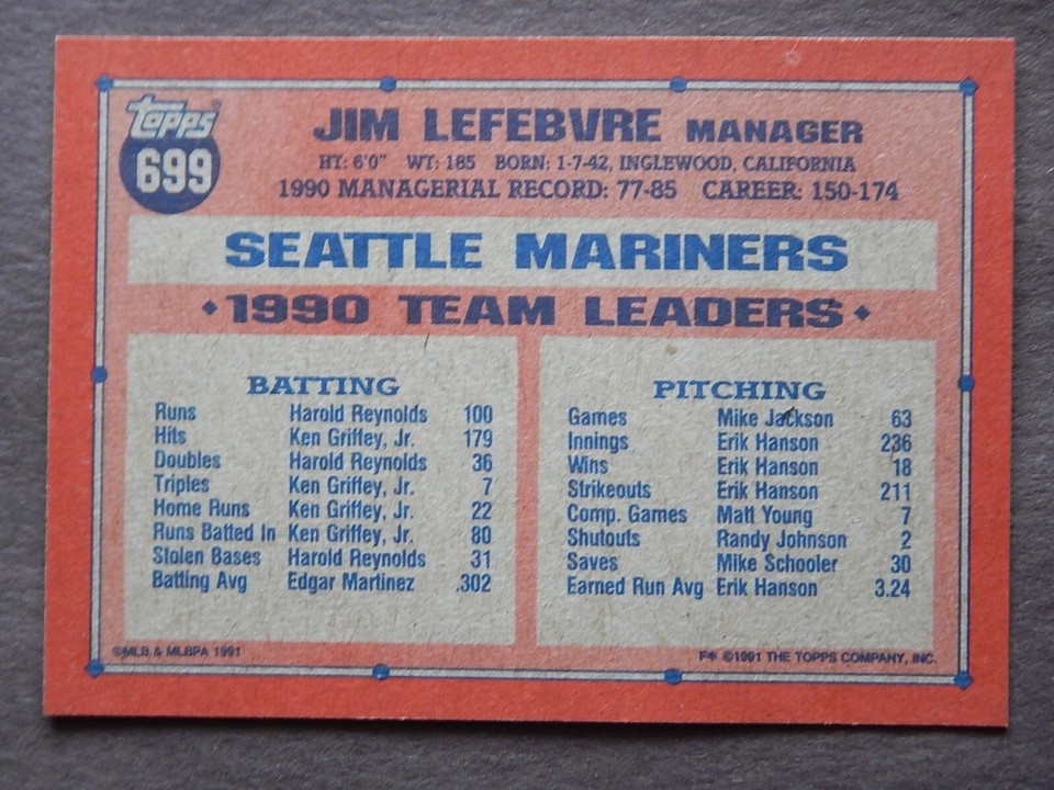 Jim Lefebvre #699 Topps 1991 Baseball Card (Seattle Mariners) | eBay