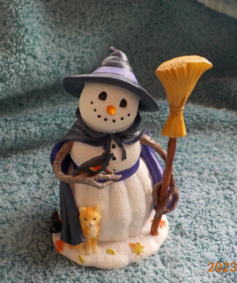 Lenox Spell's Cast Snowman Dressed as Witch In Cape Hat With Cat Bird ...