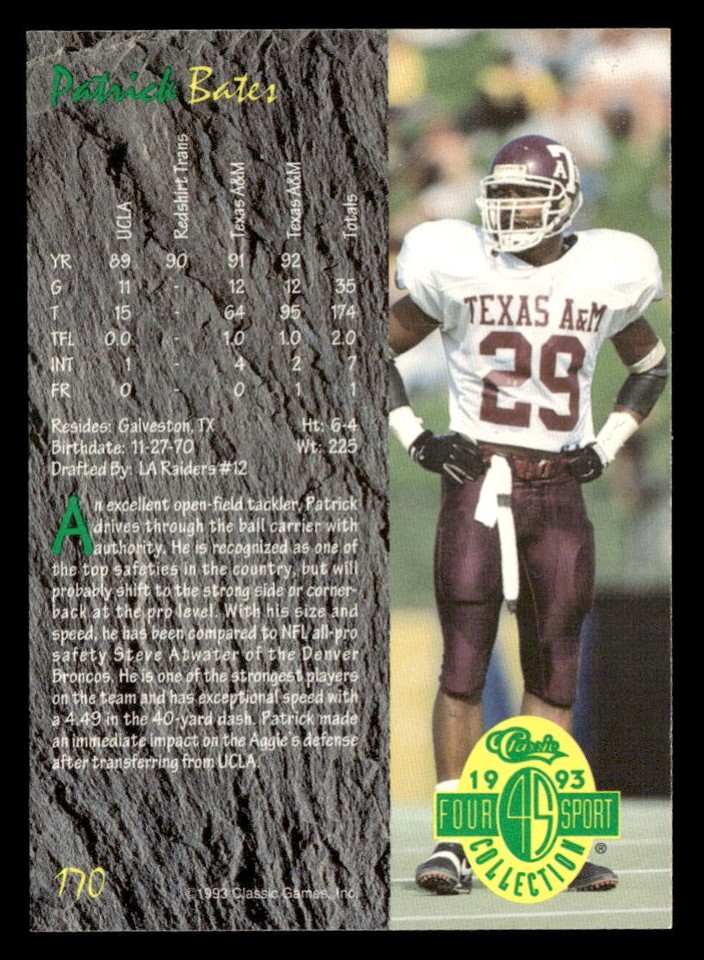 Patrick Bates 1993 Classic Four Sport Card #170 Texas A&M | eBay
