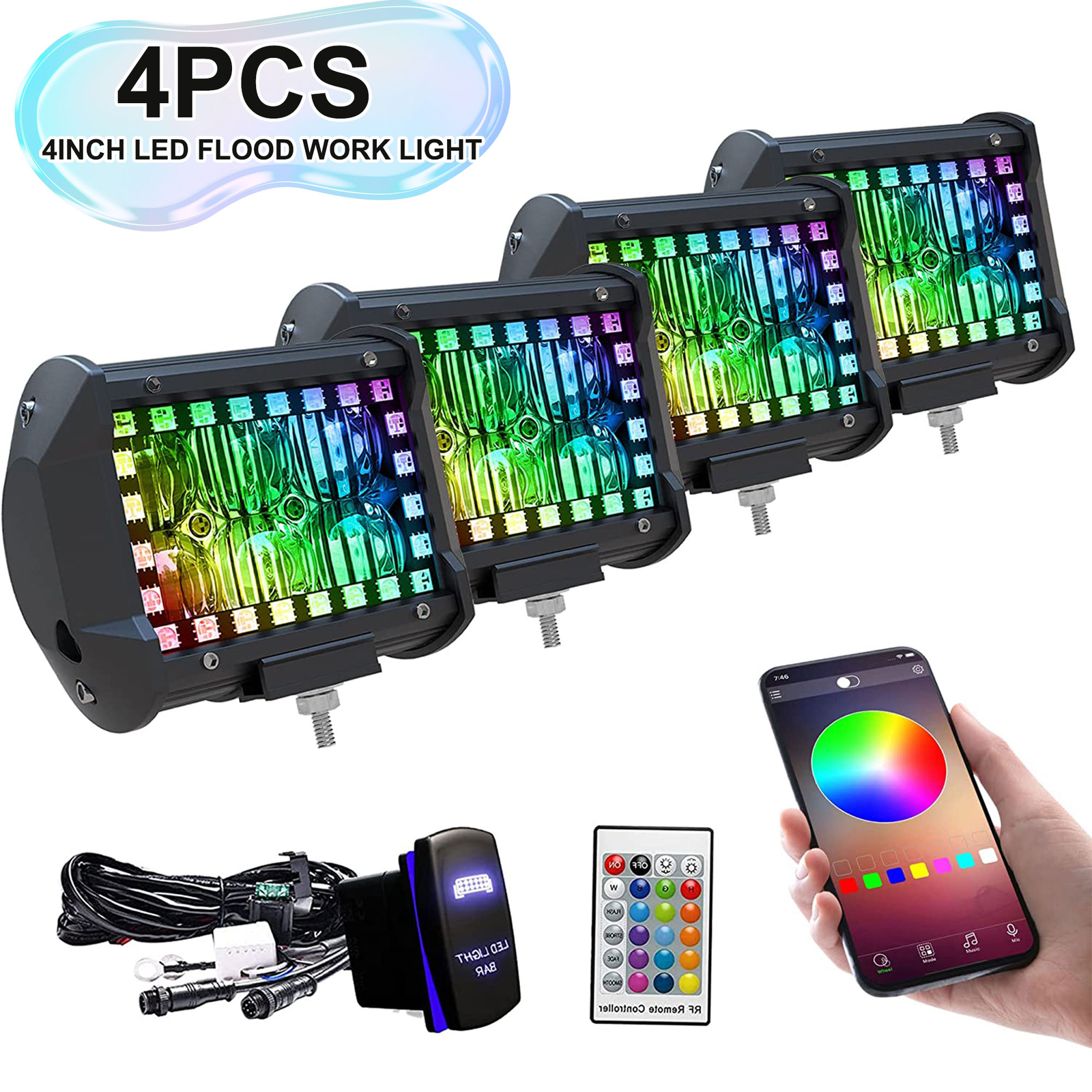 4x4" RGB LED Cube Pods Work Light Bar Strobe Offroad Driving Fog Light ...