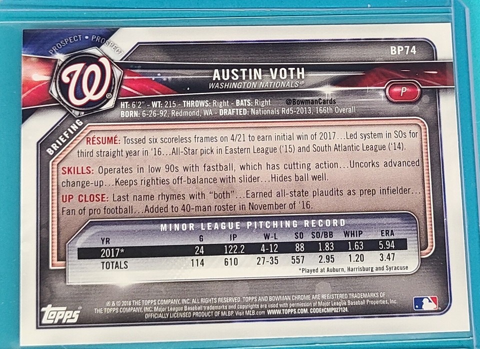 2018 Bowman Prospects #BP74 Austin Voth Washington Nationals Baseball ...