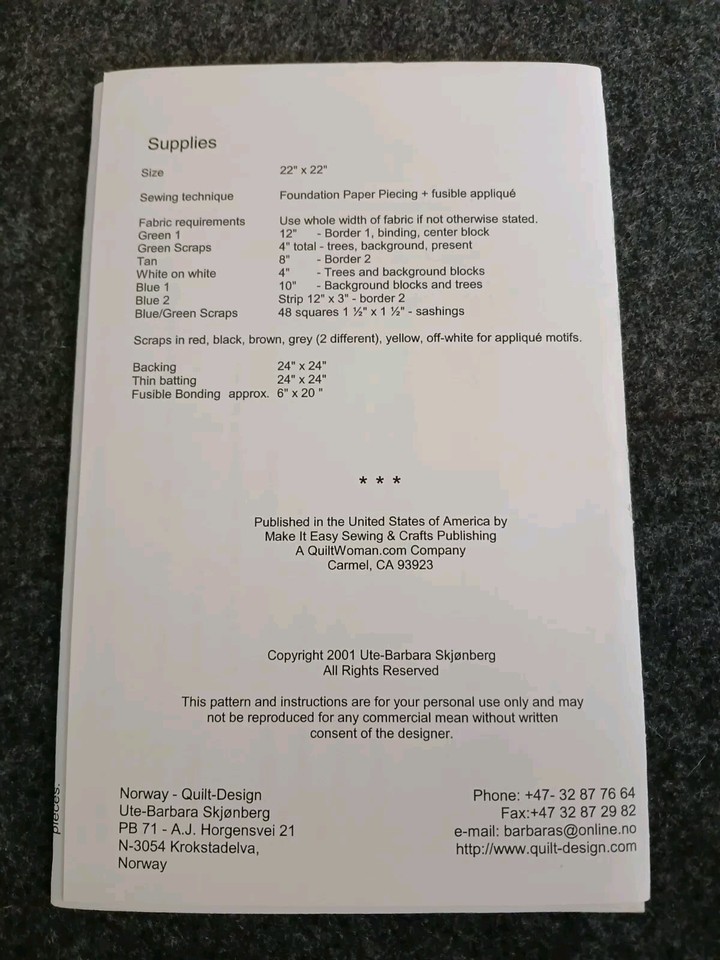 WINTER PLEASURES in NORWAY II Quilt Wallhanging Pattern 22" square 2001 ...