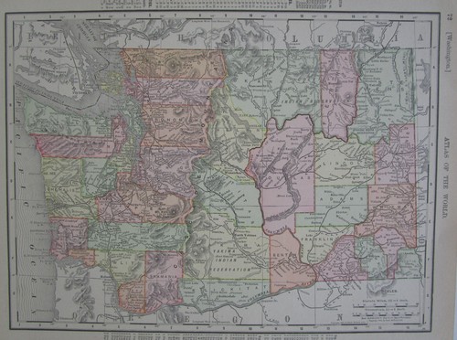 WA OR ANTIQUE 1907 dated WASHINGTON STATE Map ~or~ OREGON. SOFT PASTEL ...