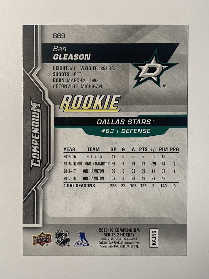 2018-19 UD Compendium Rookie BEN GLEASON Edmonton Oilers Card# 869 | eBay