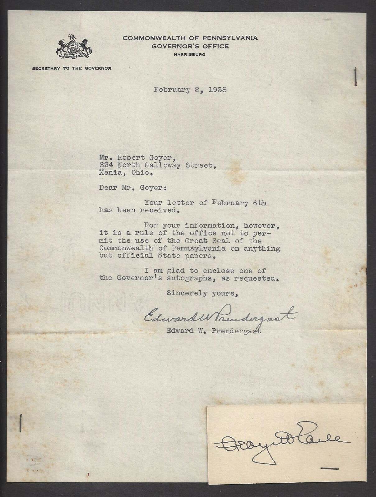 Pennsylvania Governor George Howard Earle 1938 Autograph Letter ...