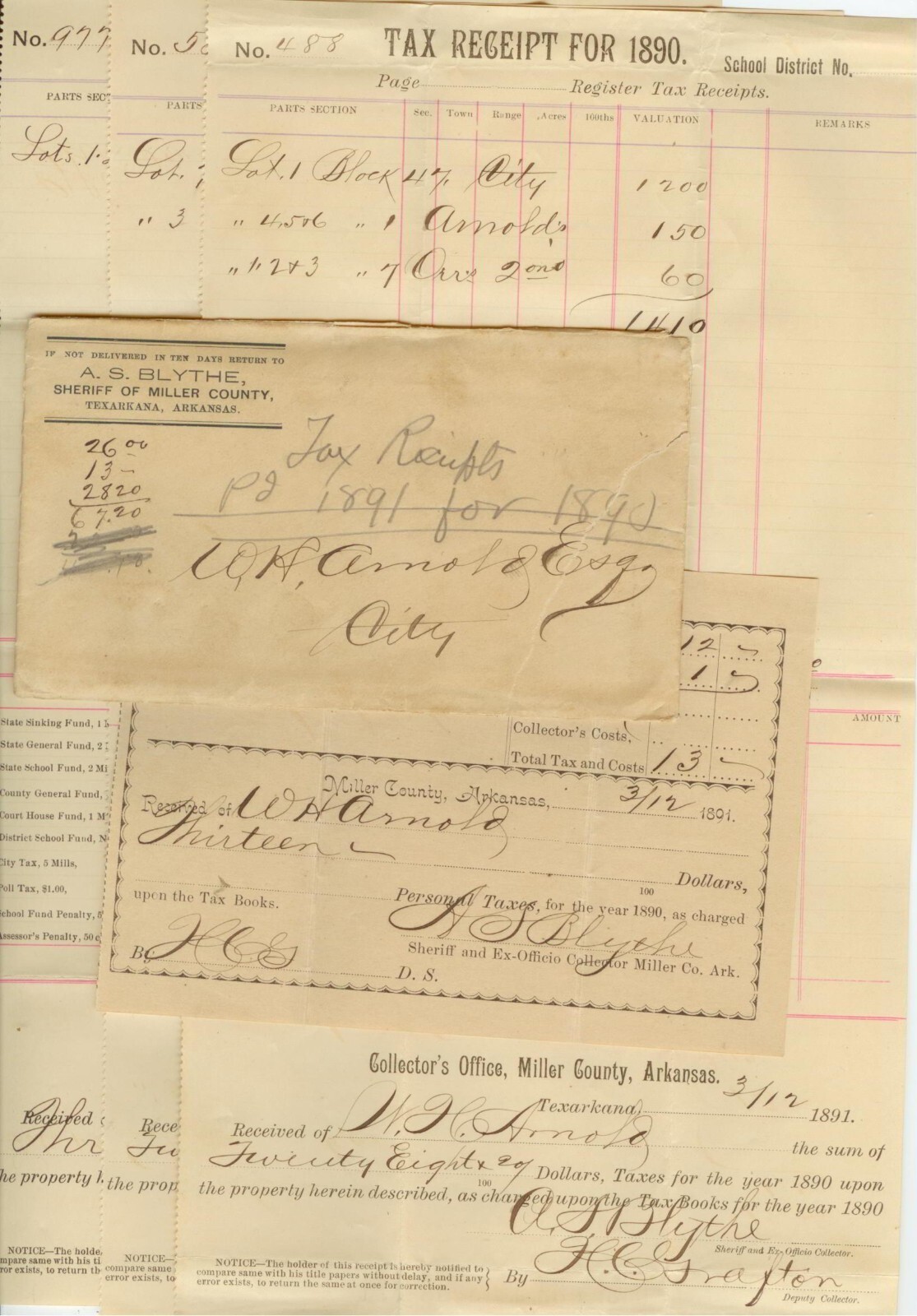 1890 Texarkana Arkansas Sheriff A S Blythe tax documents - W H Arnold ...