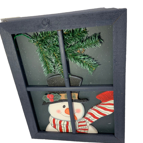 Studio 33 Wooden snowman looking through window pane picture dk gray ...