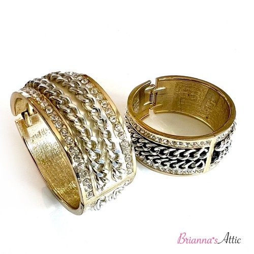 Vintage stone embedded gold toned cuff lock chunky br… - Gem