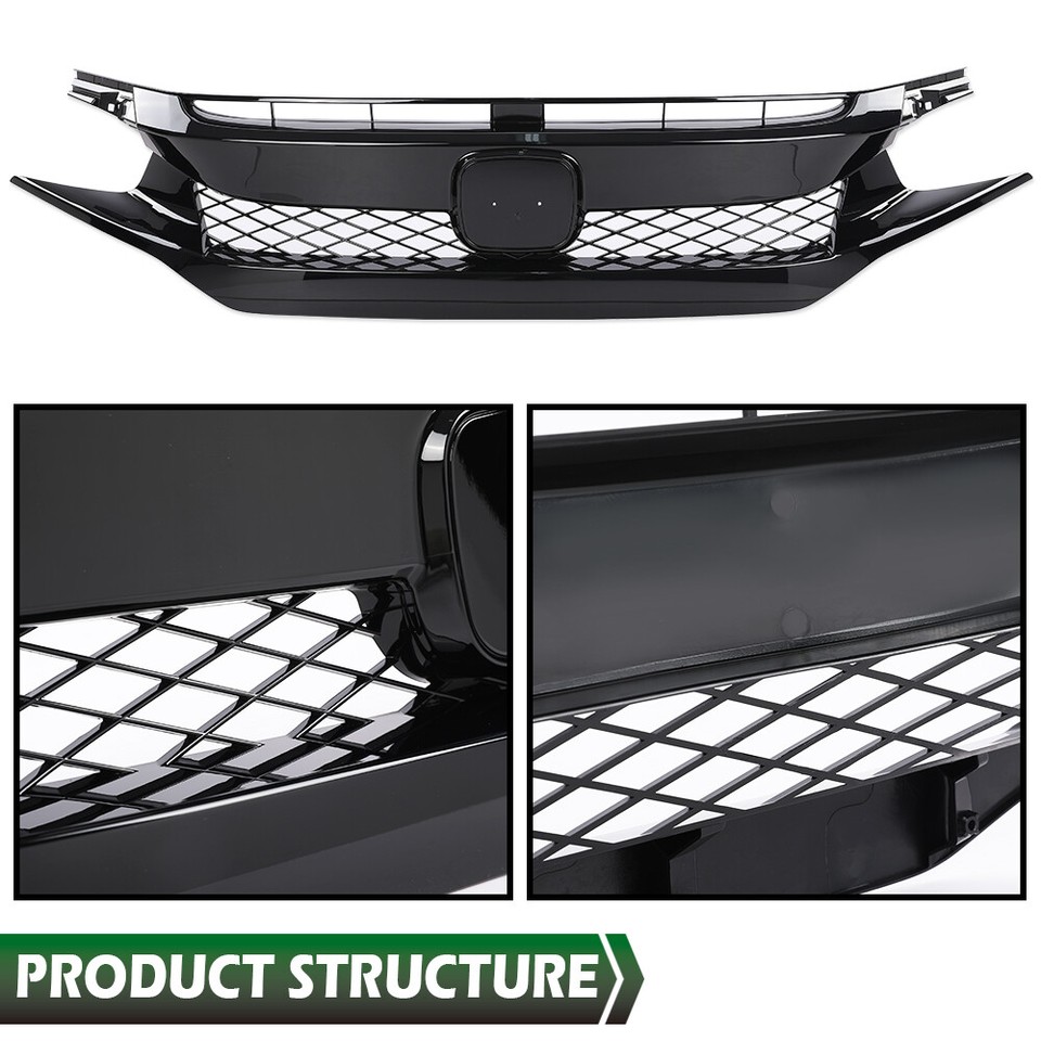 Type R Style Front Bumper Cover Kit w/ Grille+Lip Fit For 2016-2021 ...