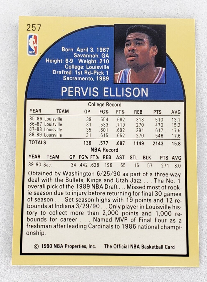 1990-91 Hoops Basketball Pervis Ellison RC #257 Sacramento Kings NBA ...