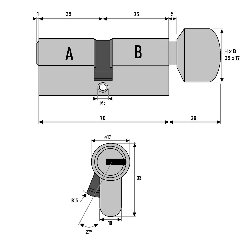 12x Cilindro con Pomolo 70mm 35/35 + 60 Chiave Serratura a Chiusura ...
