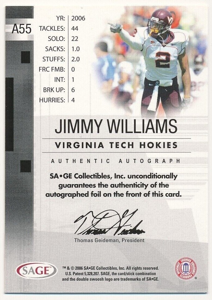 JIMMY WILLIAMS 2006 SAGE RED #A55 ROOKIE AUTOGRAPH VIRGINIA TECH 165/ ...