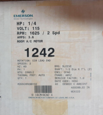 Emerson Part # 1242 1/4HP 115V 1625 RPM A/C Motor 2 Speed 3.6 Amps | eBay