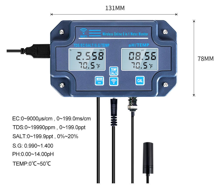 PH TDS EC Salinity S.G. Temp Smart Water Quality Tester Bluetooth WIFI ...