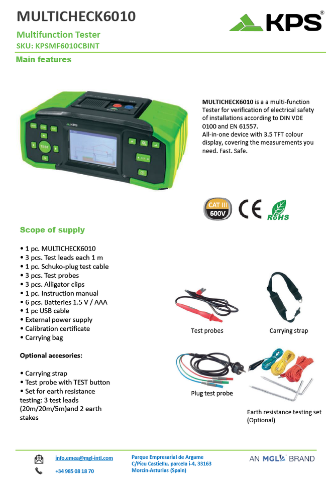 KPS MULTICHECK6010 Multi-Function Installation Tester 1kV Insulation ...
