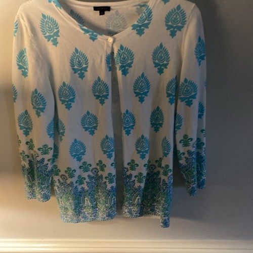 Talbots Sweater Women's Medium Blue Print Button Front Cardigan Classic ...
