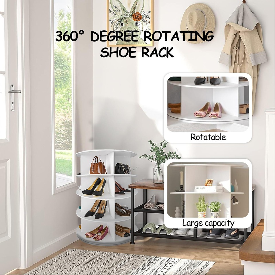 Rotating Shoe Rack Tower 4 Tier Organizer, Revolving 360 White Shoe ...