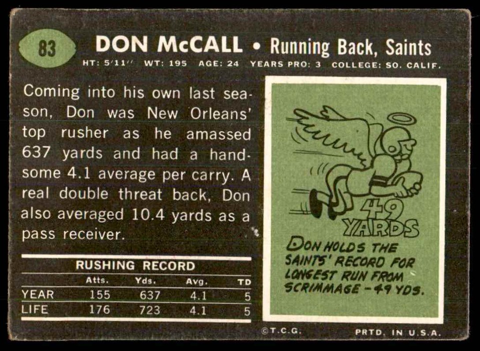 1969 TOPPS. DON MCCALL NEW ORLEANS SAINTS #83 | eBay