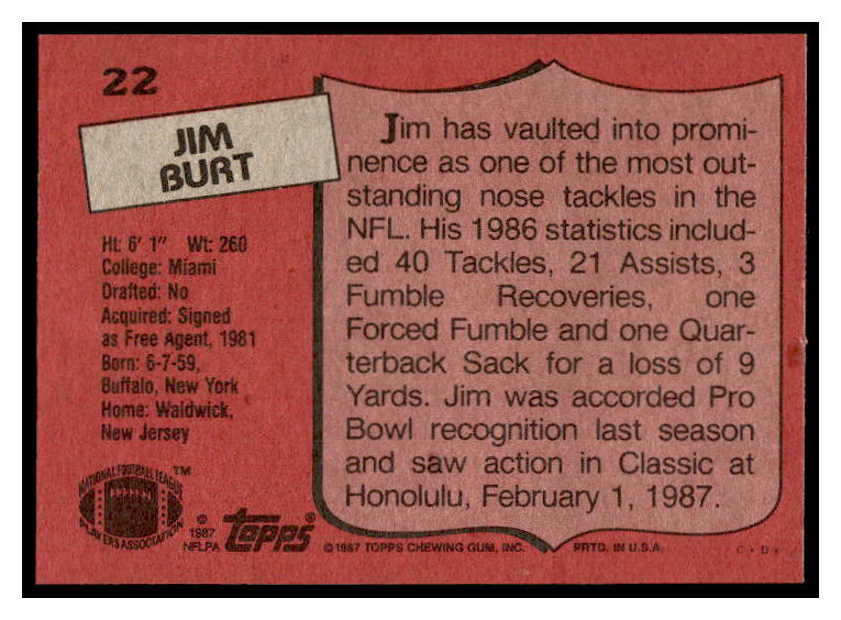 1987 Topps 22b Jim Burt New York Giants | eBay