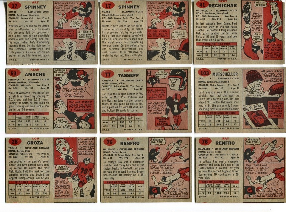 Lot of 11 1957 Topps Football Cards; 6 Baltimore Colts & 5 Cleveland ...