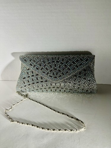 MMS Silver Rhinestone Clutch Evening Purse with Chain Strap 9” wide & 4 ...