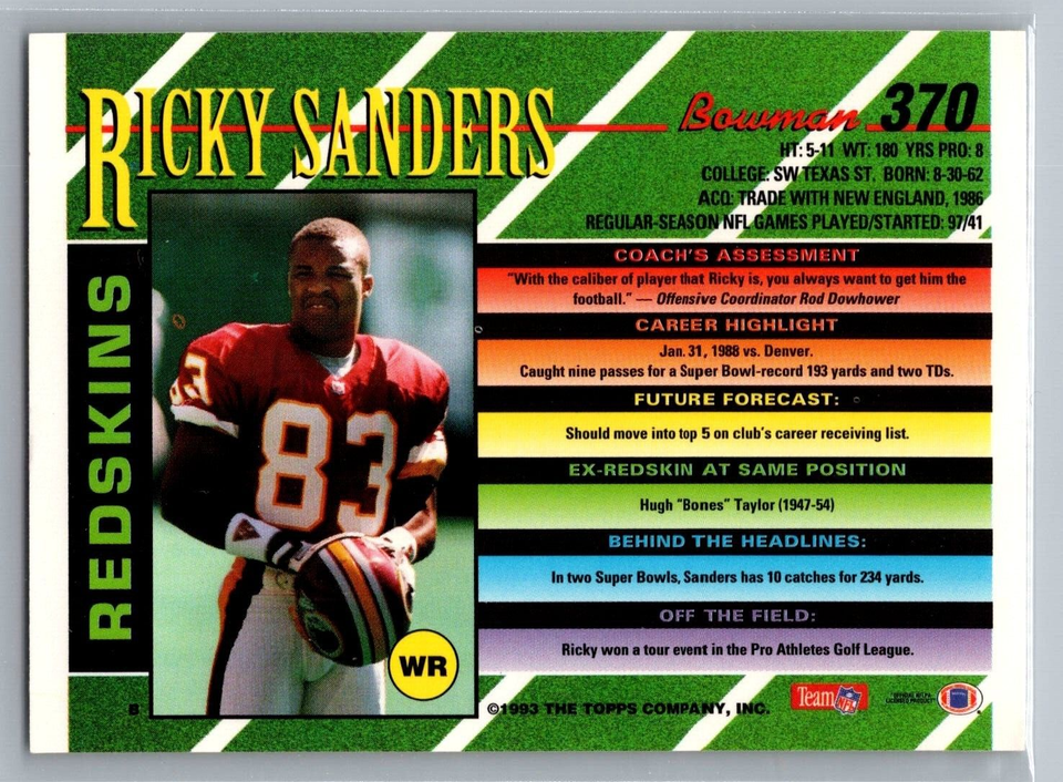 1993 TOPPS BOWMAN CARD # 370 Ricky Sanders - Washington Redskins | eBay