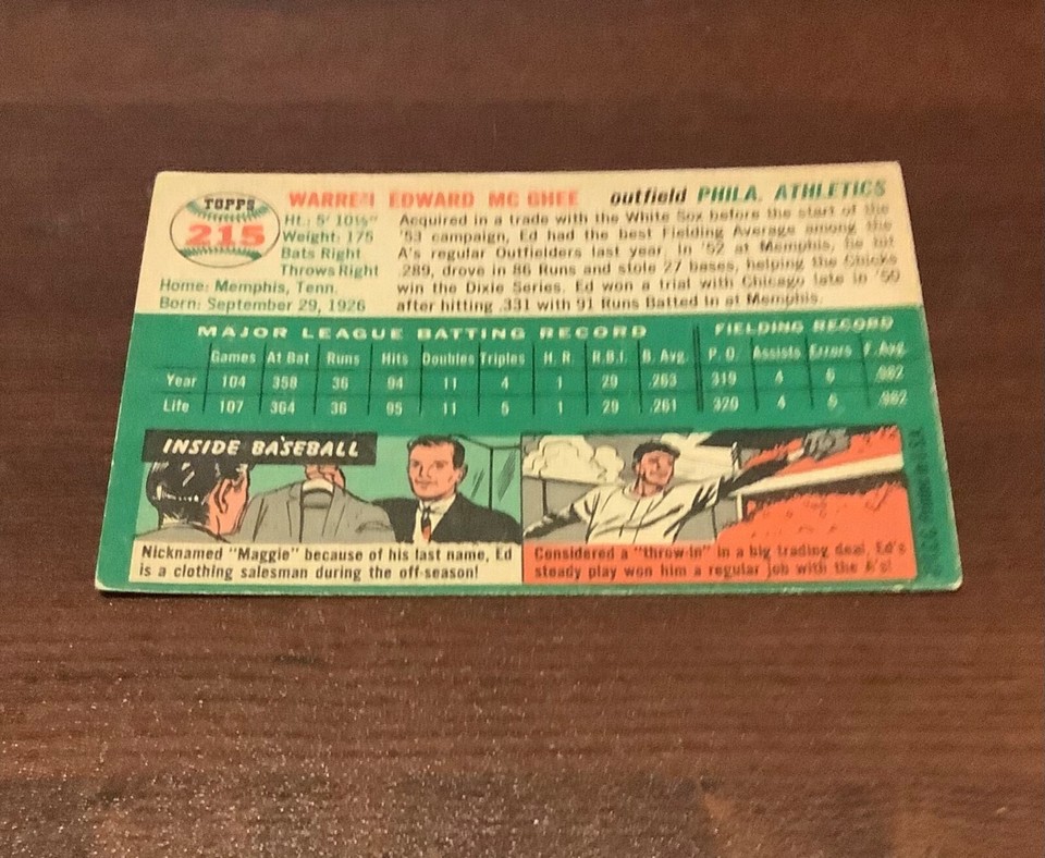 1954 Topps Ray Murray #215 Ed McGhee Philadelphia A's | eBay