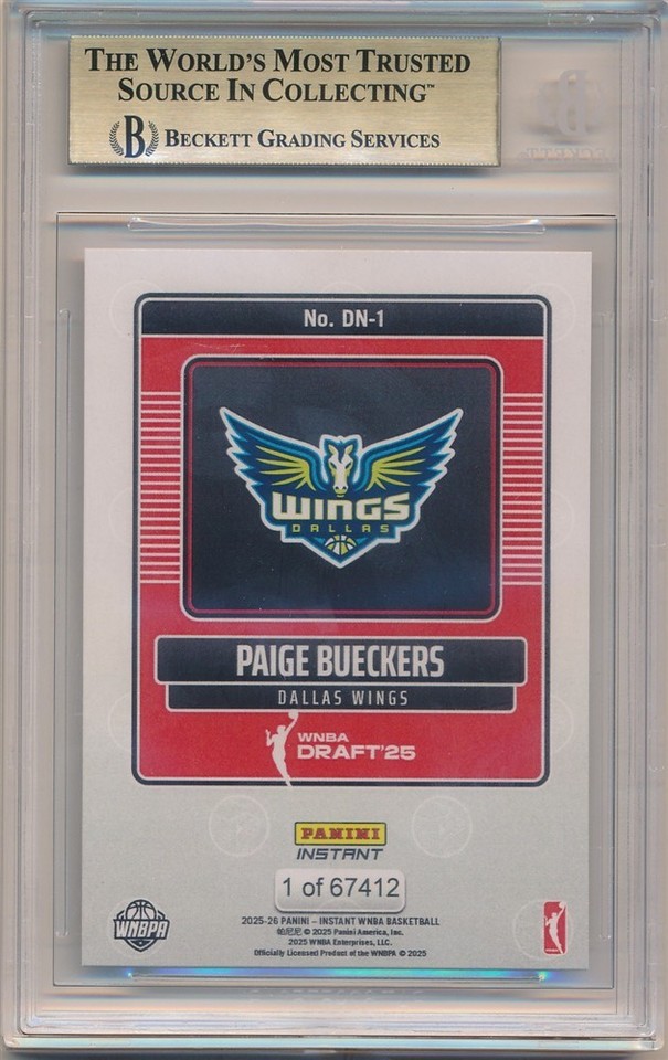 PAIGE BUECKERS 2025 PANINI INSTANT WNBA #1 ROOKIE DRAFT NIGHT BGS 10 ...