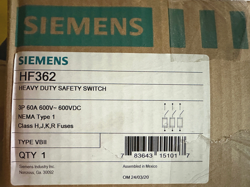NEW Siemens HF362 30A 600V 3P 3PH Fusible Heavy Duty Safety Switch in ...