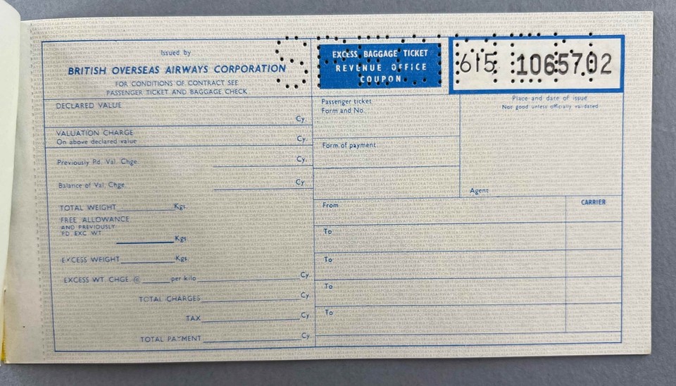 BOAC VINTAGE SPECIMEN AIRLINE EXCESS BAGGAGE TICKET B.O.A.C. | eBay