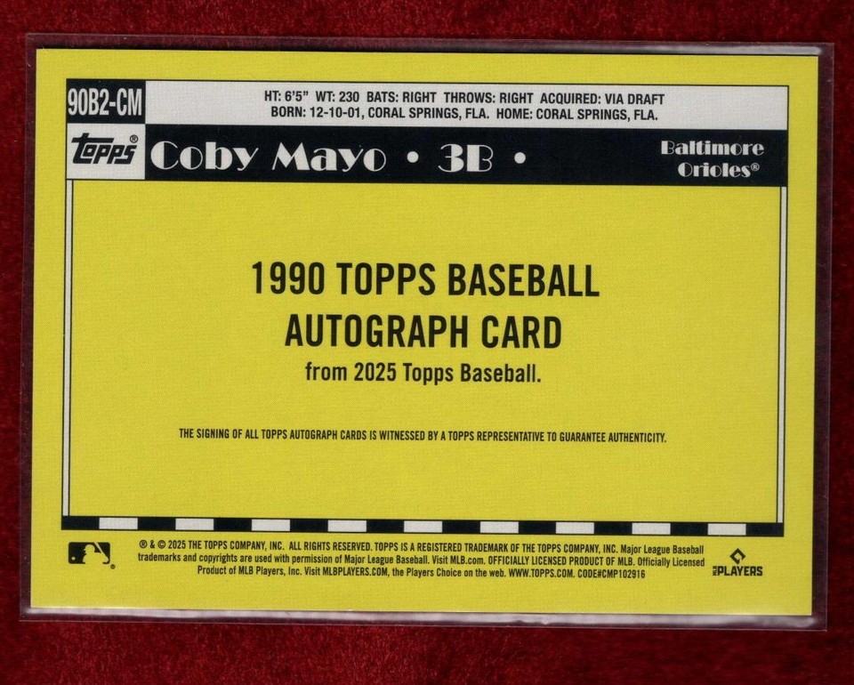 COBY MAYO 2025 TOPPS '90 TOPPS AUTOGRAPHED ROOKIE CARD BALTIMORE ...