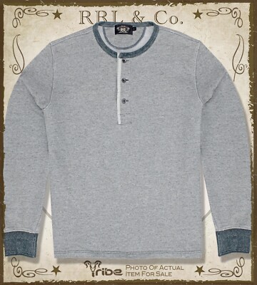 RRL Ralph Lauren Men's Grey Jaspe Indigo Trim Henley Fleece-Back ...