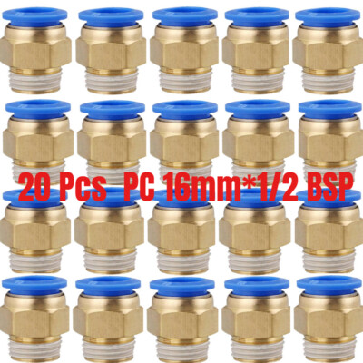 20Pcs Brass 16mm Tube × 1/2" BSP Male Connector Push To Connect Fitting ...