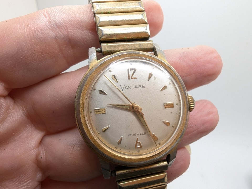 Vtg Vantage Hamilton Watch Mens Gold Tone 17 Jewels W/Speidel Stretch ...