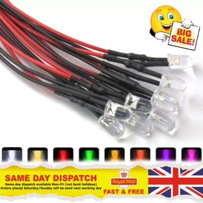 12V Pre-Wired LEDs 3mm/5mm/10mm Various Colours Lamp Wired LED 9V-12 ...