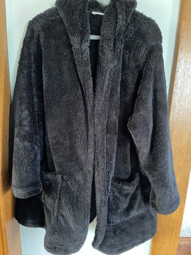 Black Hooded Plush Lounge Open Cardigan Robe with Pockets One Size | eBay