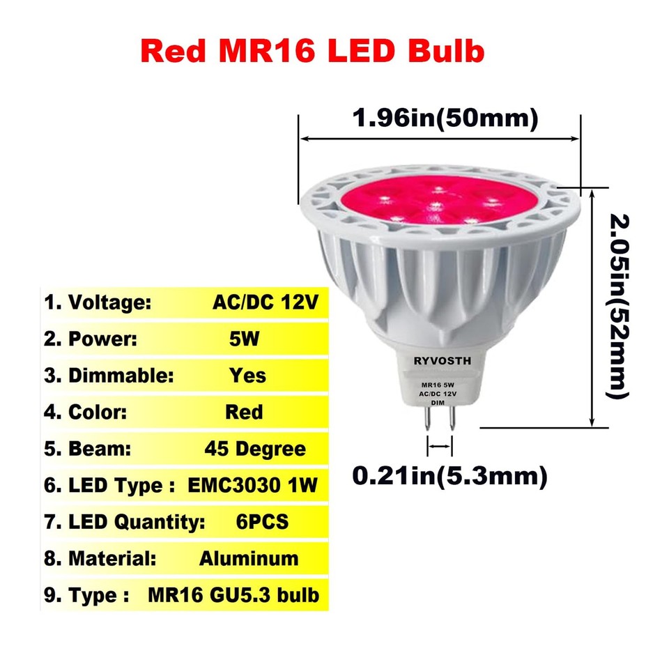 6-Pack MR16 Red Led Bulbs 5W Replace 35W 50W Halogen Equivalent,12V Low Volta... | eBay