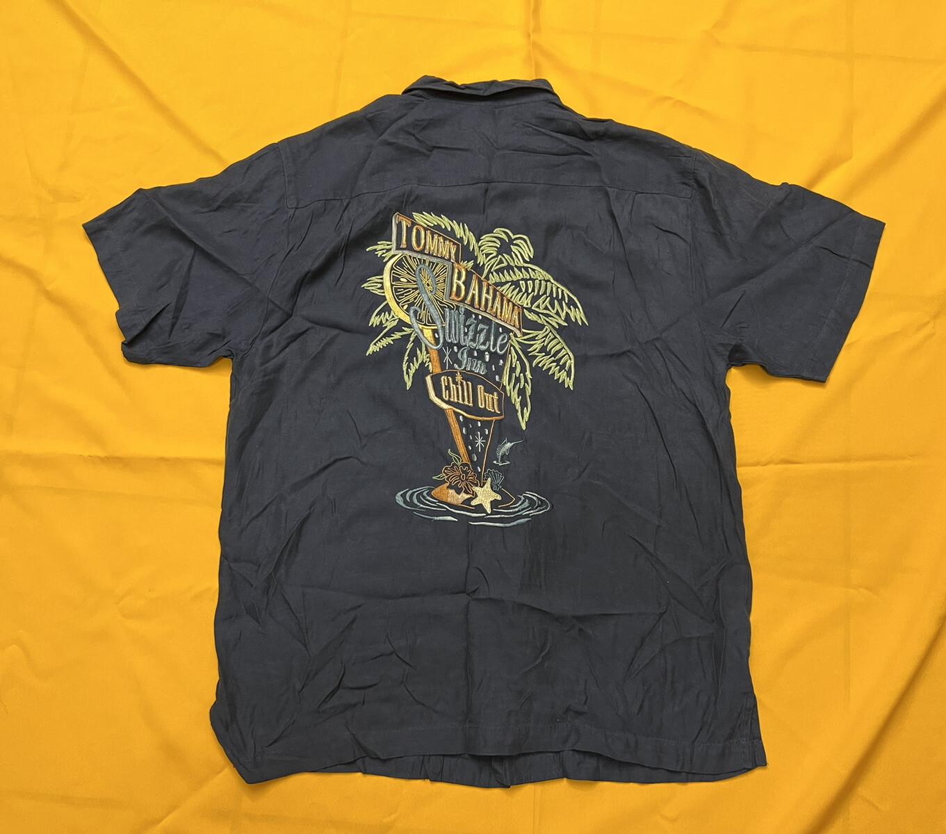 Tommy Bahama Navy Blue Embroidered Swizzle Inn Relax Silk Button-Up ...