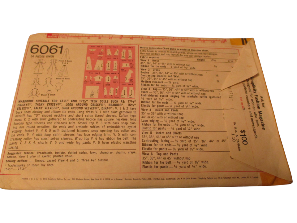 Vintage Simplicity Sewing Pattern Doll Clothes #6061 | eBay